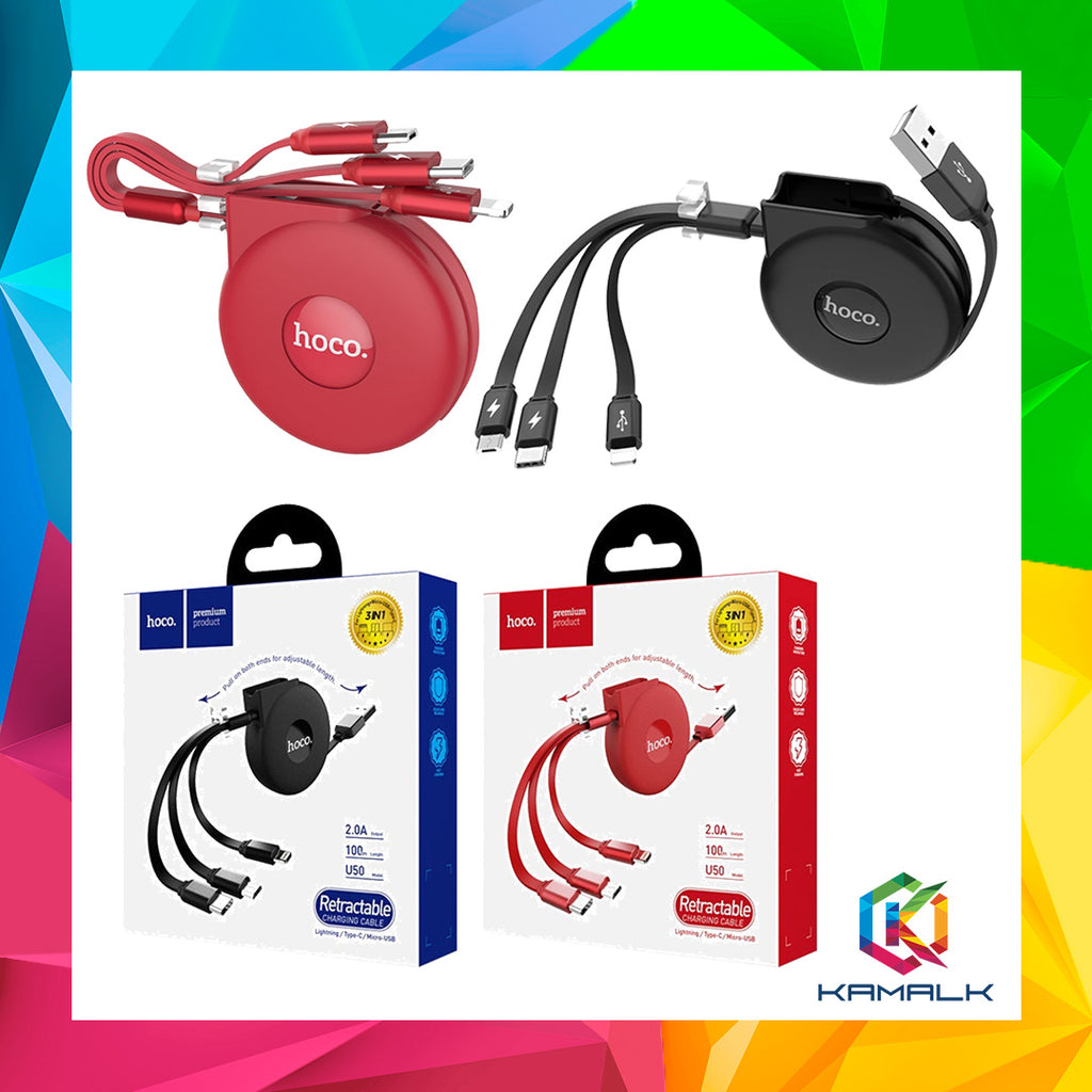 Hoco 3 in 1 Retractable Charging Cable U50 + 1 Week Warranty – Kamalk ...